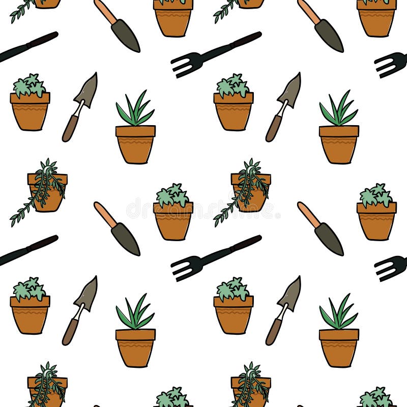 Potted Plants. Cut Hand Drawing Garden Pattern. Seamless Pattern for ...