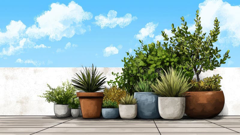 Potted Plants on a Sunny Terrace Stock Illustration - Illustration of ...