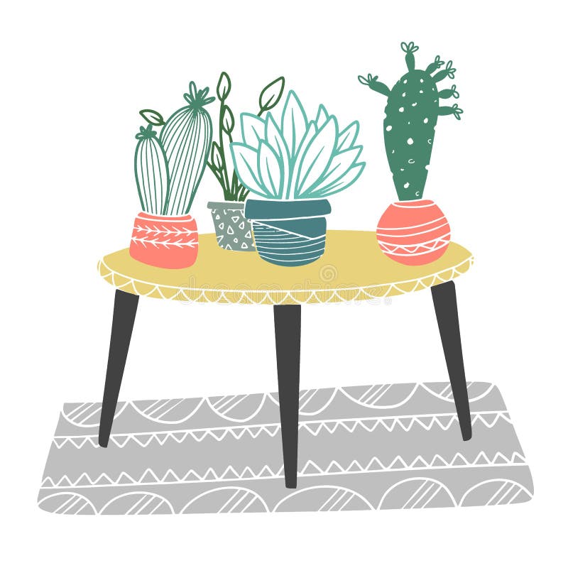 Potted Plants. Table with Different Plants Stock Illustration ...