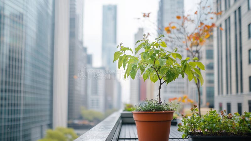 Potted Sapling in Serene Cityscape Composition Stock Illustration ...