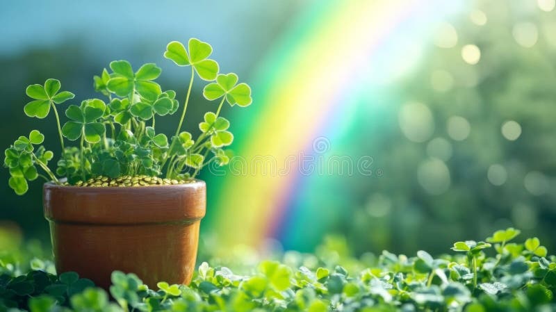 Potted Shamrocks Growing in Sunlight with Rainbow Stock Illustration ...