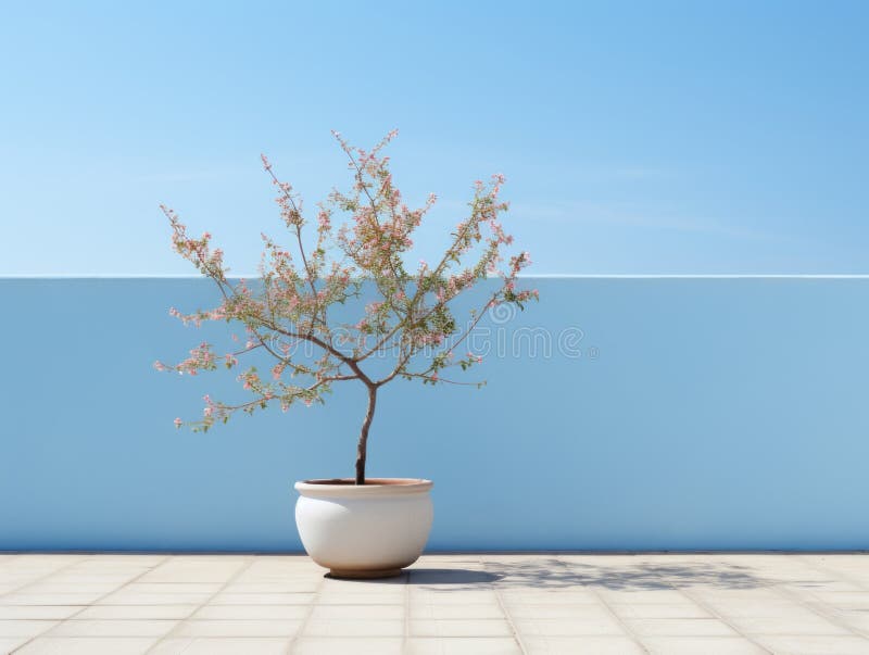 A Potted Tree in Front of a Blue Wall Stock Illustration - Illustration ...