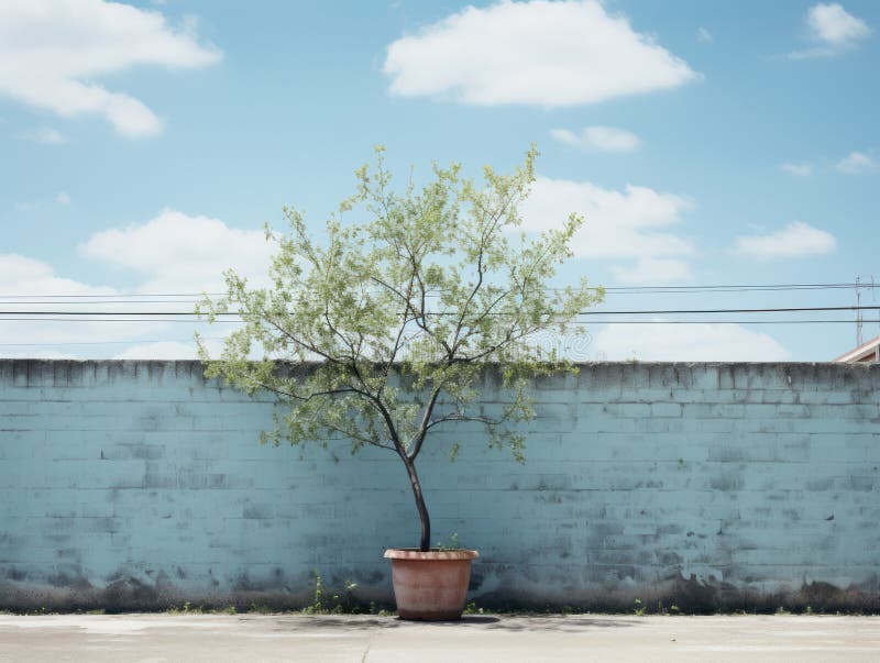 A Potted Tree in Front of a Blue Wall Stock Illustration - Illustration ...