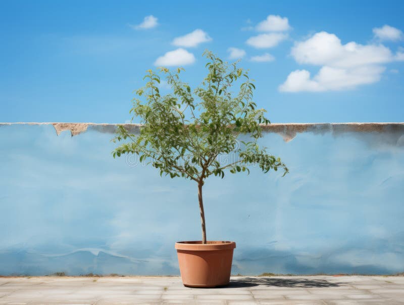 A Potted Tree in Front of a Blue Wall Stock Illustration - Illustration ...