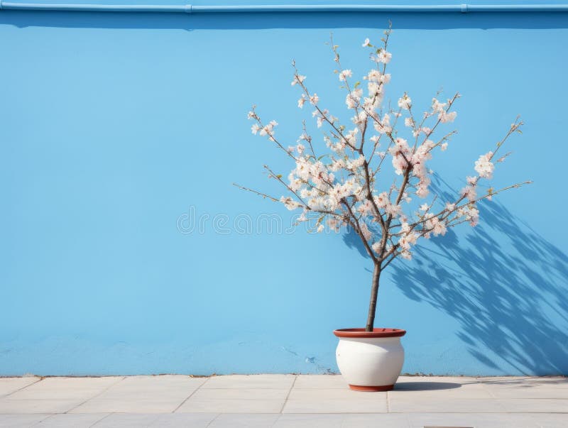 A Potted Tree in Front of a Blue Wall Stock Illustration - Illustration ...
