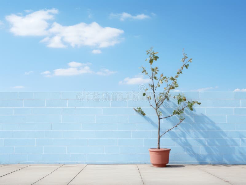 A Potted Tree in Front of a Blue Wall Stock Illustration - Illustration ...