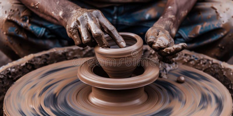 A Potter Crafts a Ceramic Pot on a Wheel in a Rustic Workshop ...
