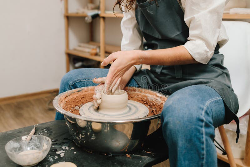 Potter Creates a Ceramic Bowl in the Pottery Studio. Process of Making ...