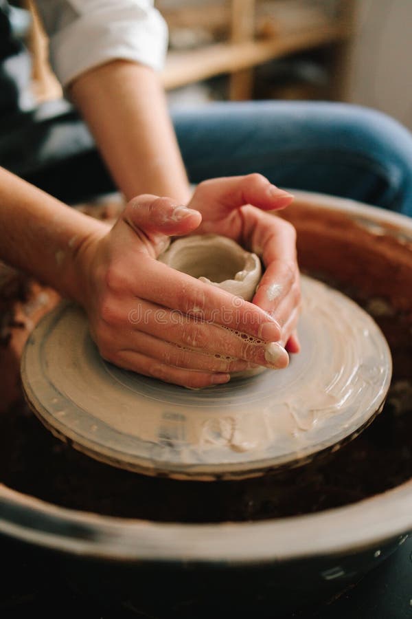 Potter Creates a Ceramic Bowl in the Pottery Studio. Process of Making ...