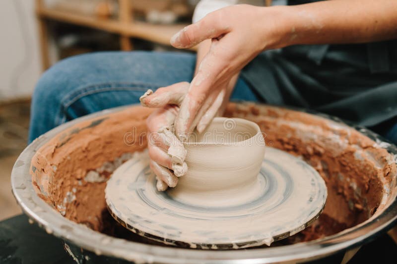 Potter Creates a Ceramic Bowl in the Pottery Studio. Process of Making ...
