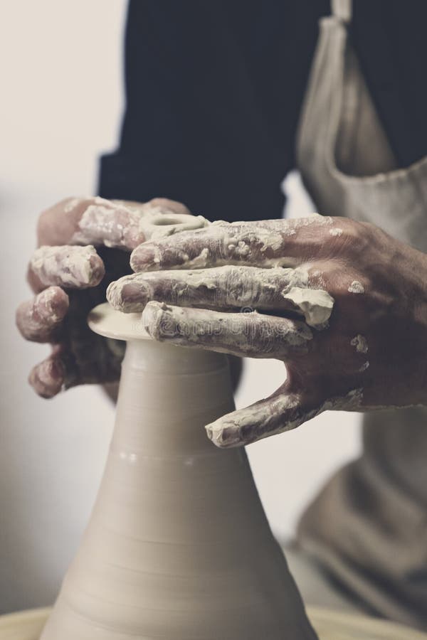 Potter Makes Pottery Handmade in Workshop Stock Photo - Image of dirty ...