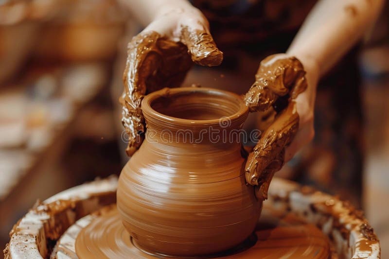 Potter S Hands Create a Clay Jar on the Wheel Stock Illustration ...