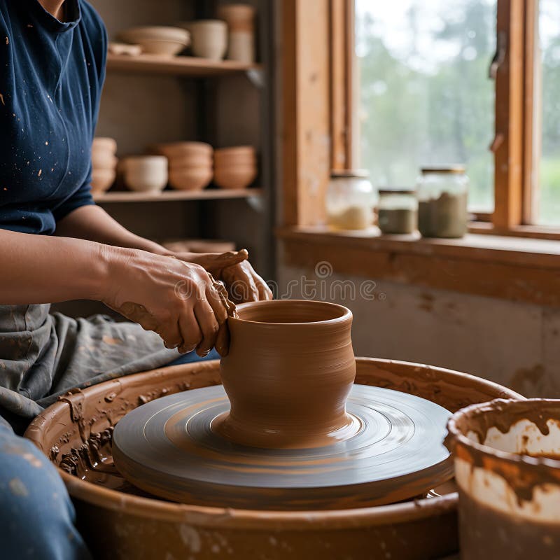 Potter S Hands Shaping Clay Vessel: a Rustic Pottery Studio Scene Stock ...