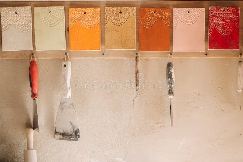 Potter`s Tools in His Workshop. Spatula and Brushes Stock Image - Image ...
