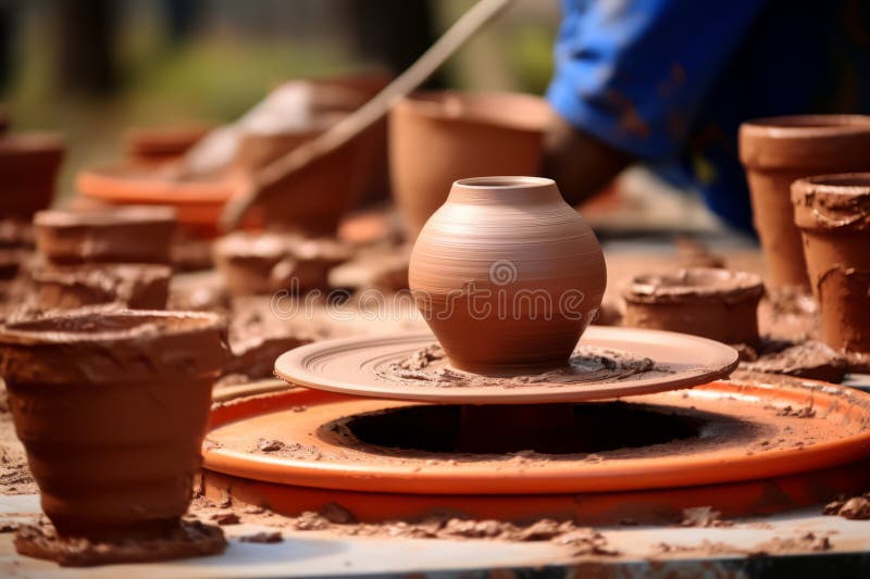 A Potter S Wheel with Clay Pots in the Process of Taking Shape Stock ...