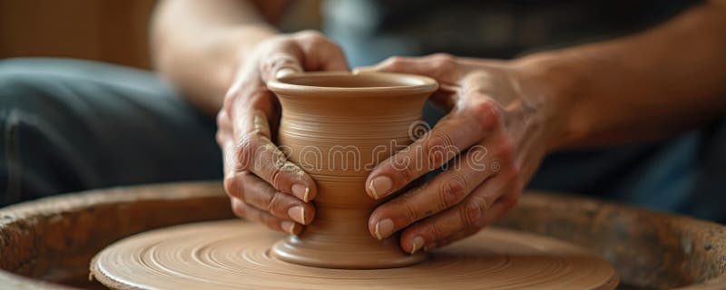 Potter Shapes Clay Pot on Wheel. Hands Working with Wet Clay, Creating ...