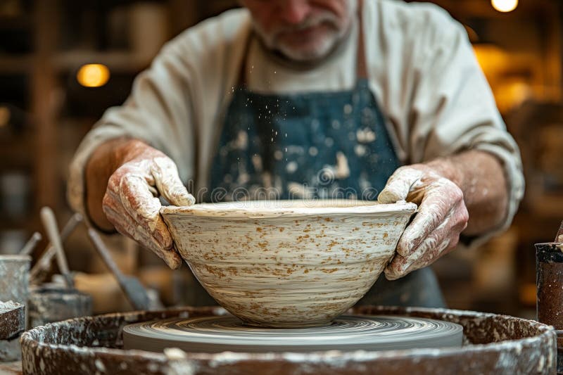Potter Shaping Ceramic Bowl on Pottery Wheel in Workshop, Traditional ...