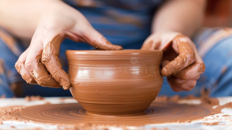 Potter Shaping Clay with Hands Immersed in Wet Material for Traditional ...