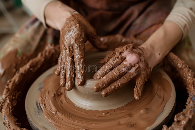 Potter Shaping Clay on a Wheel, Hands Covered in Mud Stock Photo ...