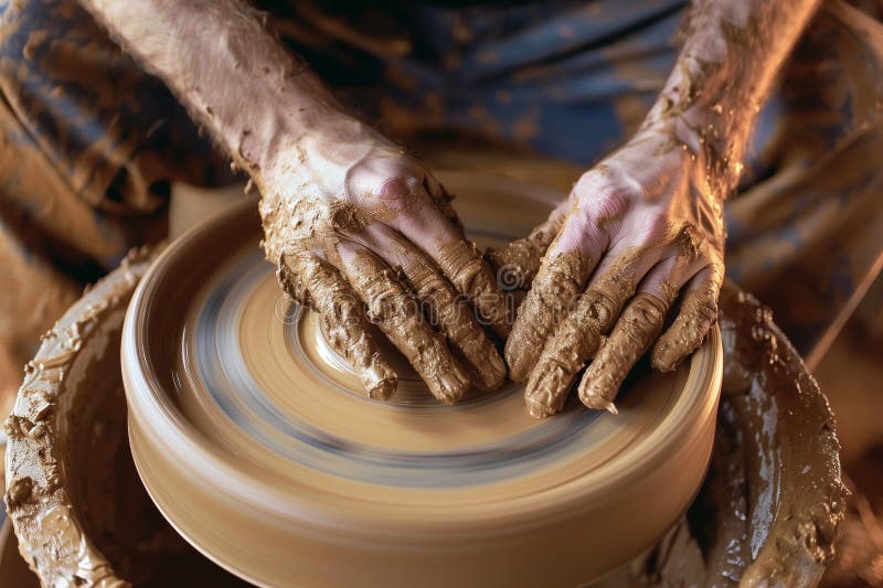 Potter Shaping Clay on a Wheel, Hands Covered in Mud Stock Photo ...