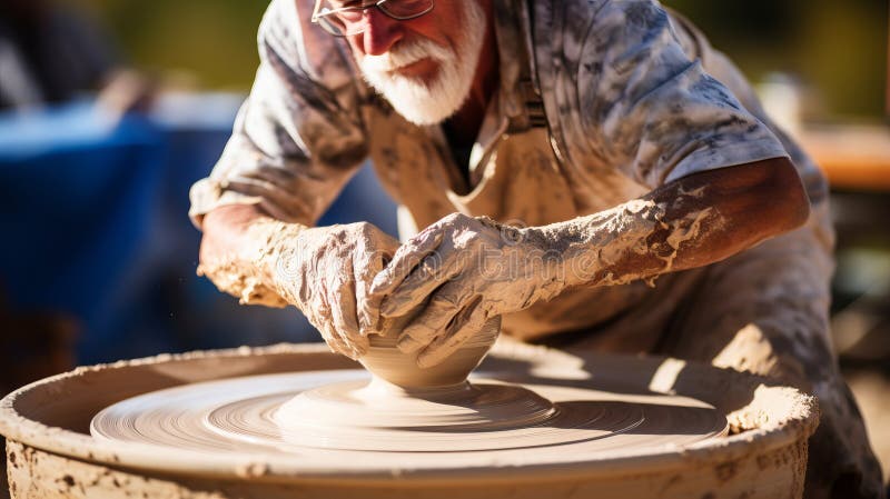 Potter Skillfully Creating Beautiful Matching Ceramics on Pottery Wheel ...