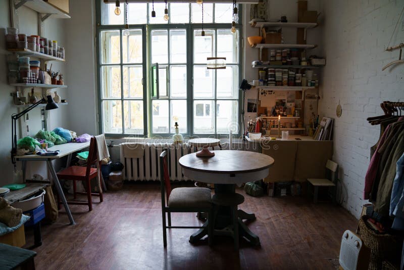 Pottery Art Workshop Workplace: Creative Studio Interior with Table and ...