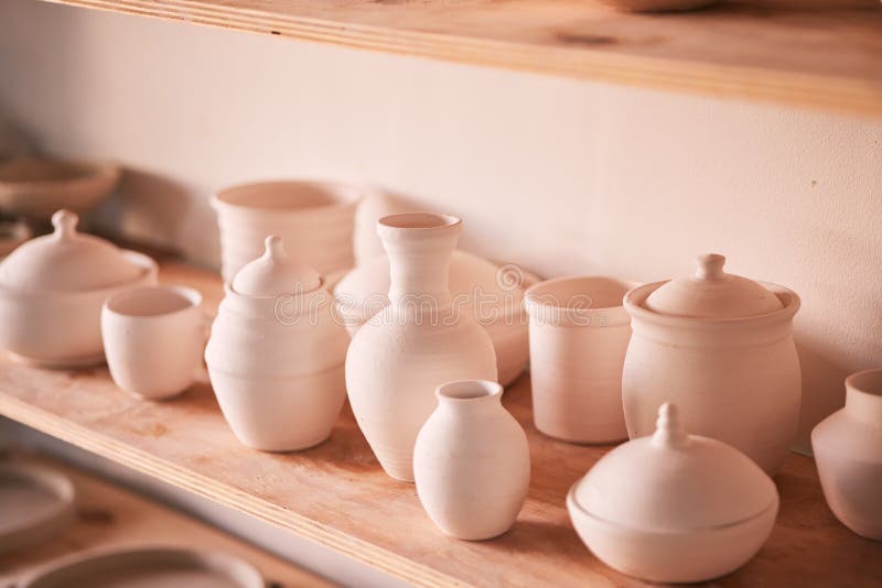 Pottery Background, Creativity and Shelf in Studio, Creative Store or ...