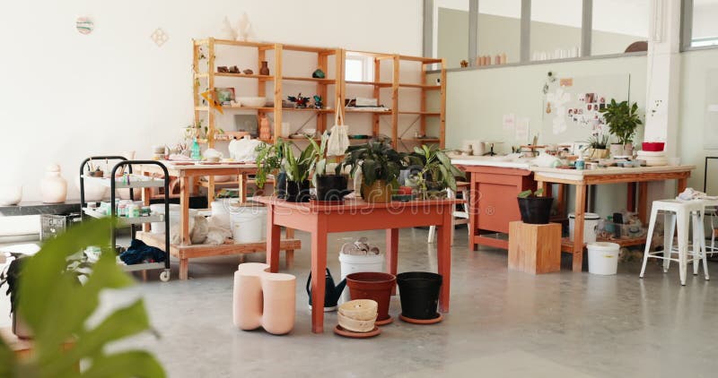 Pottery, Ceramic and Table in Empty Workshop with Clay Objects, Design ...