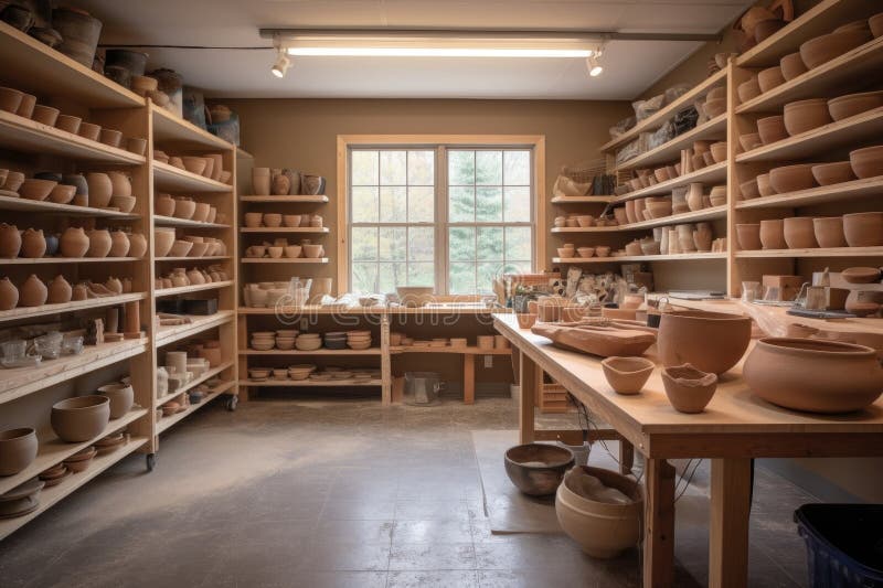Pottery and Ceramics Studio, with Shelves of Finished Pieces and Tools ...