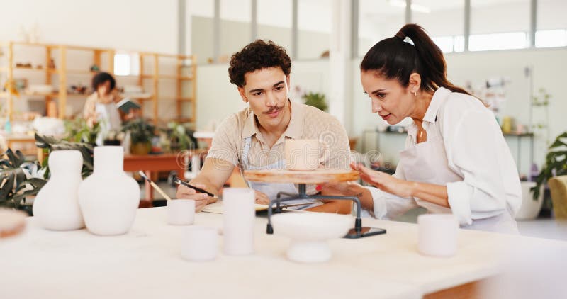 Pottery, Class and Teacher and Man with Clay in Workshop for Teaching ...