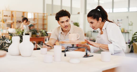 Pottery, Class and Teacher and Man with Clay in Workshop for Teaching ...