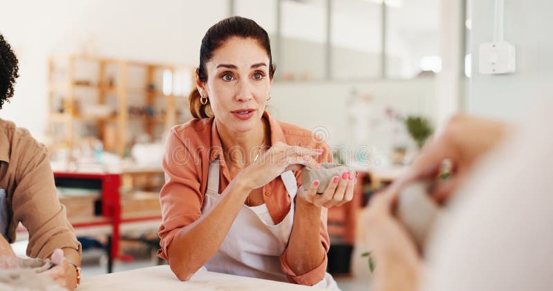 Pottery Class, Teaching and Woman in Ceramic Workshop for Help, Conversation and Clay Product ...