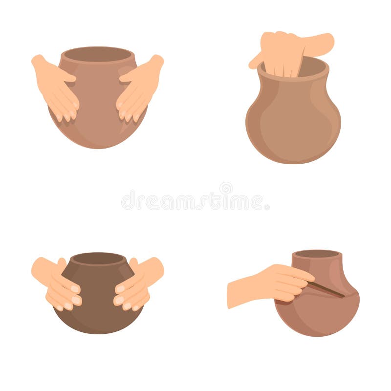 Pottery Craft Icons Set Cartoon Vector. Creating Clay Vase on Wheel ...