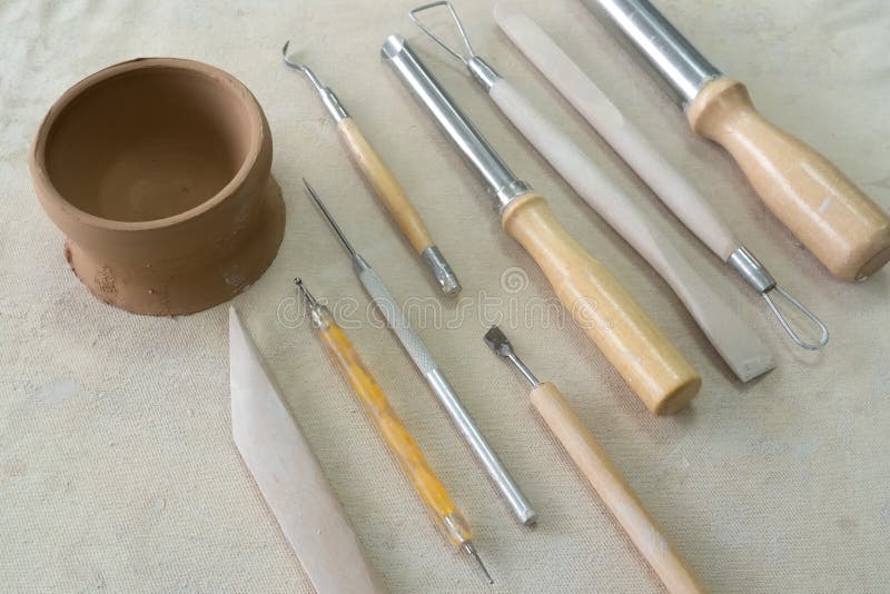Pottery Craft Tools for Sculpting Clay Art. View from Above. Stock ...