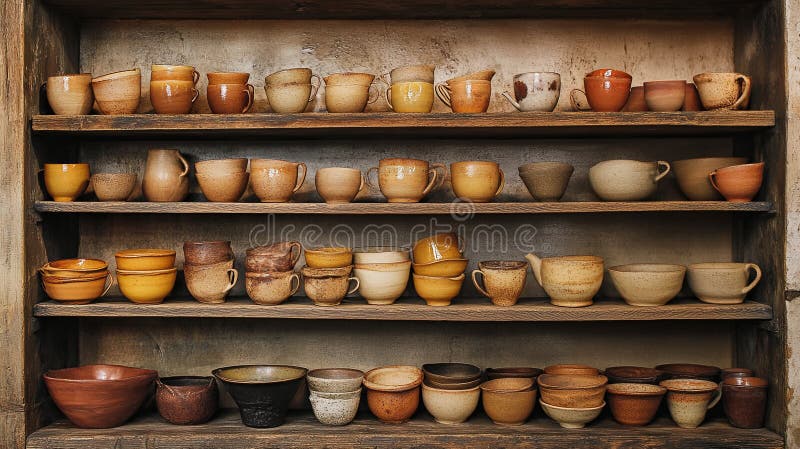 A Pottery Display with Neatly Arranged Handmade Cups and Bowls Stock ...