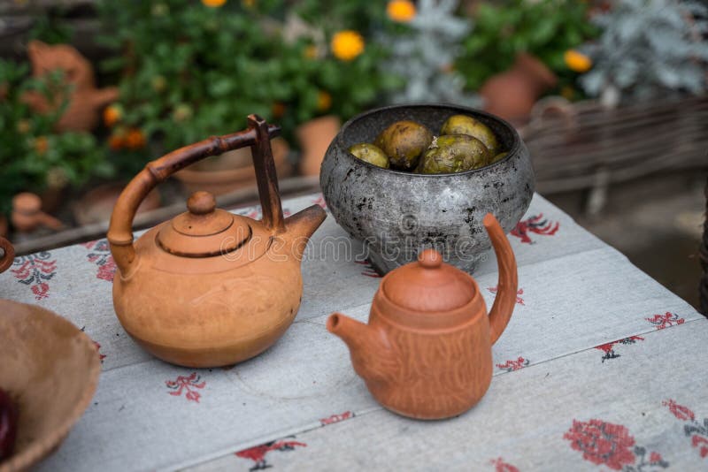 Pottery food on the table stock photo. Image of omelet - 157416632