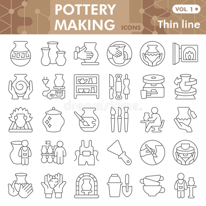 Pottery Making Symbols Collection or Sketches, Pottery Crafts Theme Bar ...