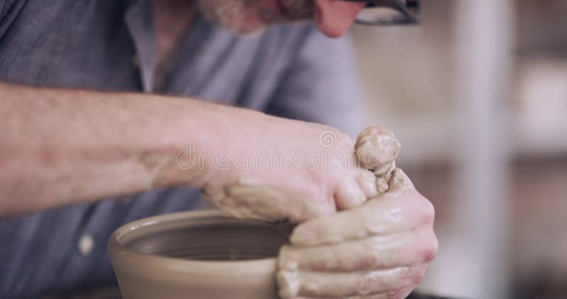 Pottery, Man Hands and Clay Shape on Wheel To Mold Product in Studio, Workshop or Creative Class ...