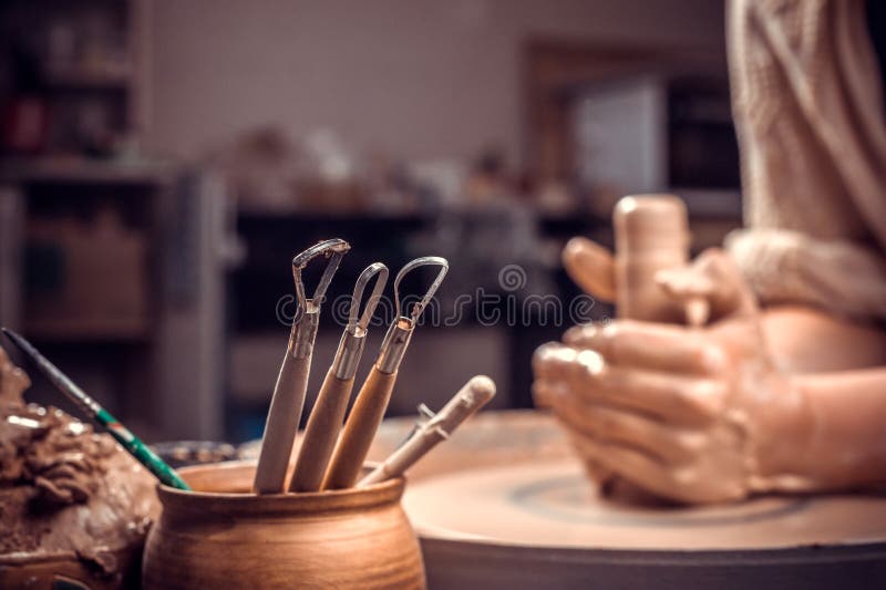 Pottery Master is Working on Pottery Wheel. Handwork. Close-up. Stock ...