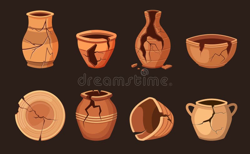 Pottery Set. Cartoon Old Ancient Antique Pots, Vases Plates Urns ...