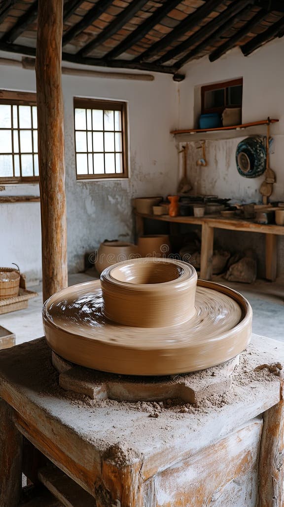 A Pottery Studio with Clay on a Spinning Wheel. Pic Stock Image - Image ...