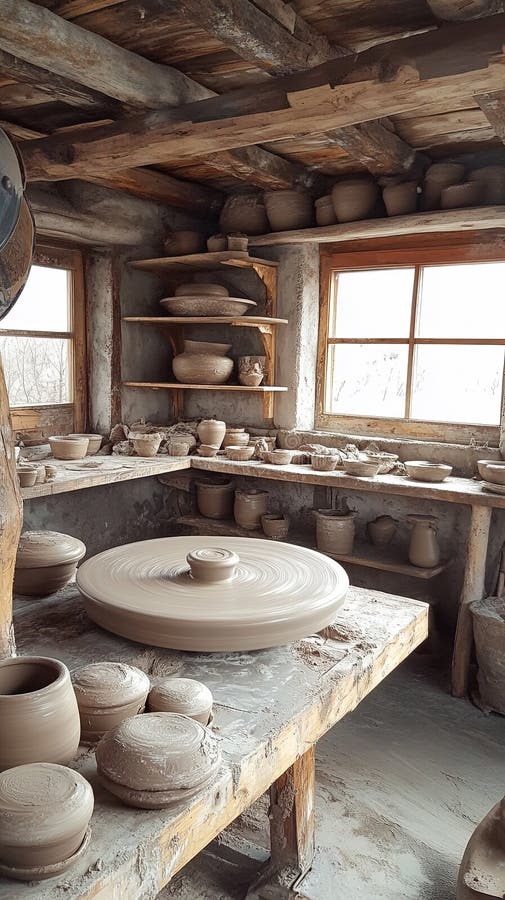 A Pottery Studio with Clay on a Spinning Wheel. Pic Stock Image - Image ...