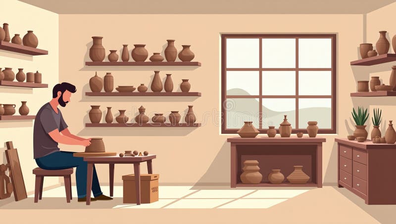 Pottery Studio with Filled Shelves Potter at Wheel and Tools on Table ...
