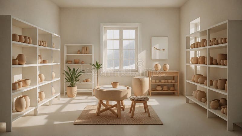 Pottery Studio Interior with Shelves and Handmade Ceramic Pieces ...