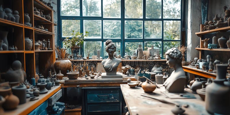 A Pottery Studio with a Large Window Overlooking a Lush Garden. Clay ...