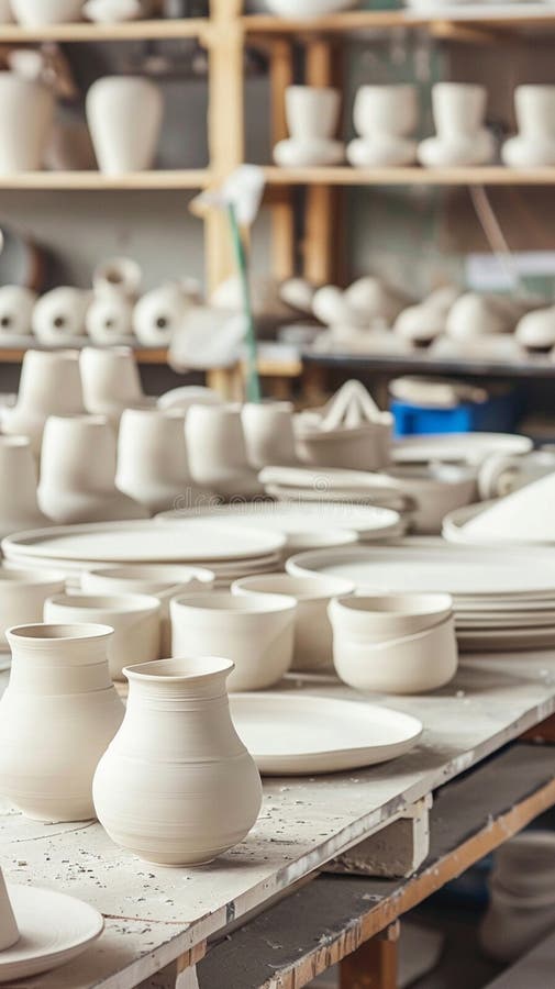 A Pottery Studio with Many White Ceramic Items on a Table. Generative ...