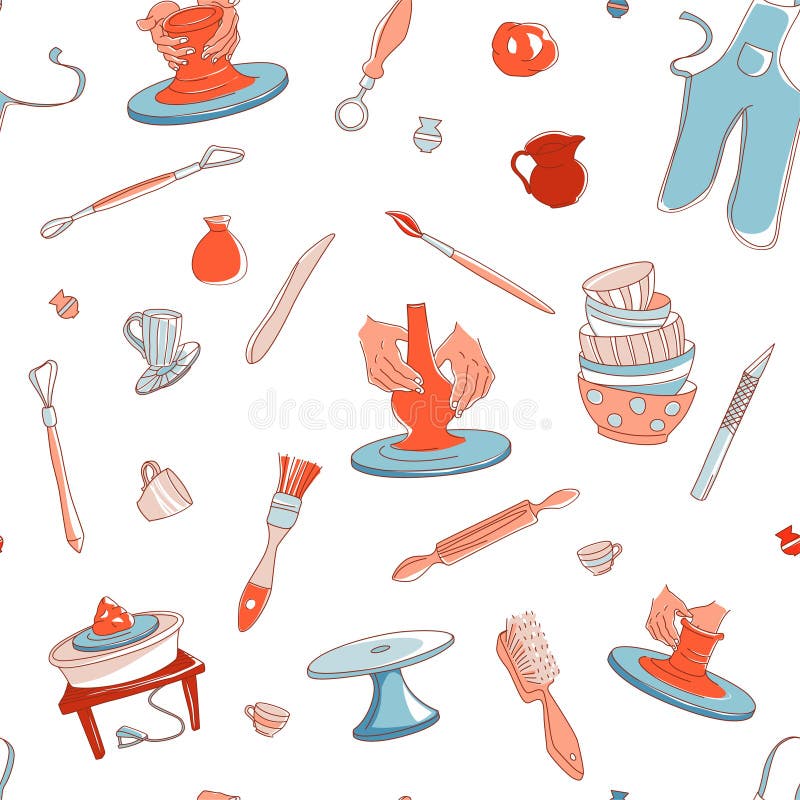 Pottery Studio Seamless Pattern Background. Hand Drawn Vector ...