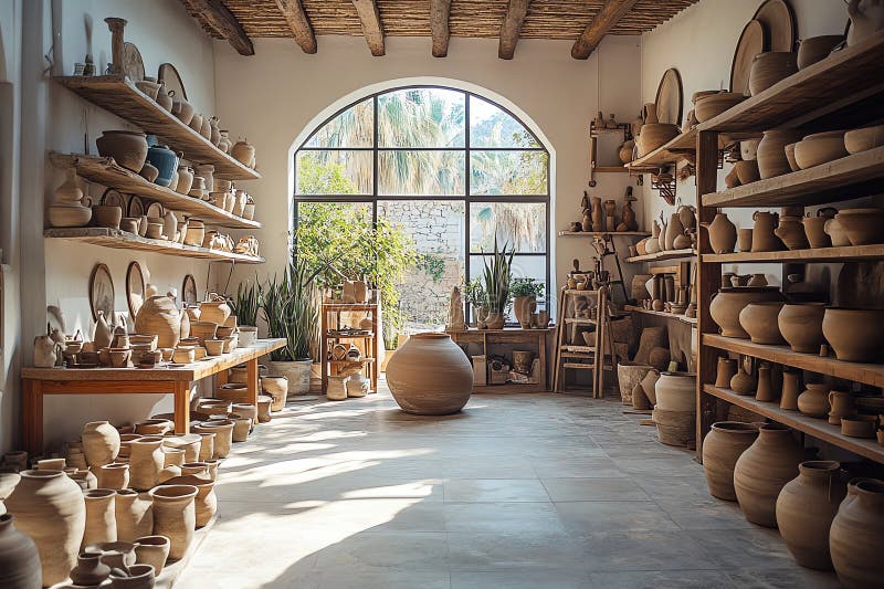 A Pottery Studio with Shelves Filled with Clay Pots and a Large Arched ...