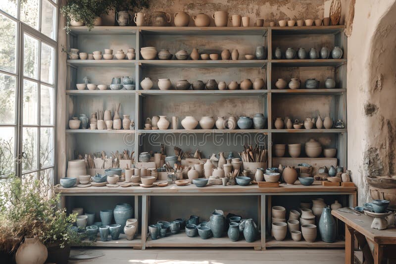 A Pottery Studio with Shelves Filled with Handmade Ceramic Pieces and a ...