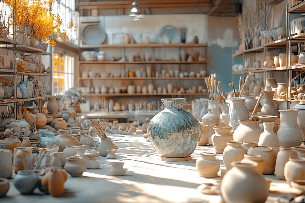 A Pottery Studio with Shelves of Pottery and a Table Full of Pottery ...